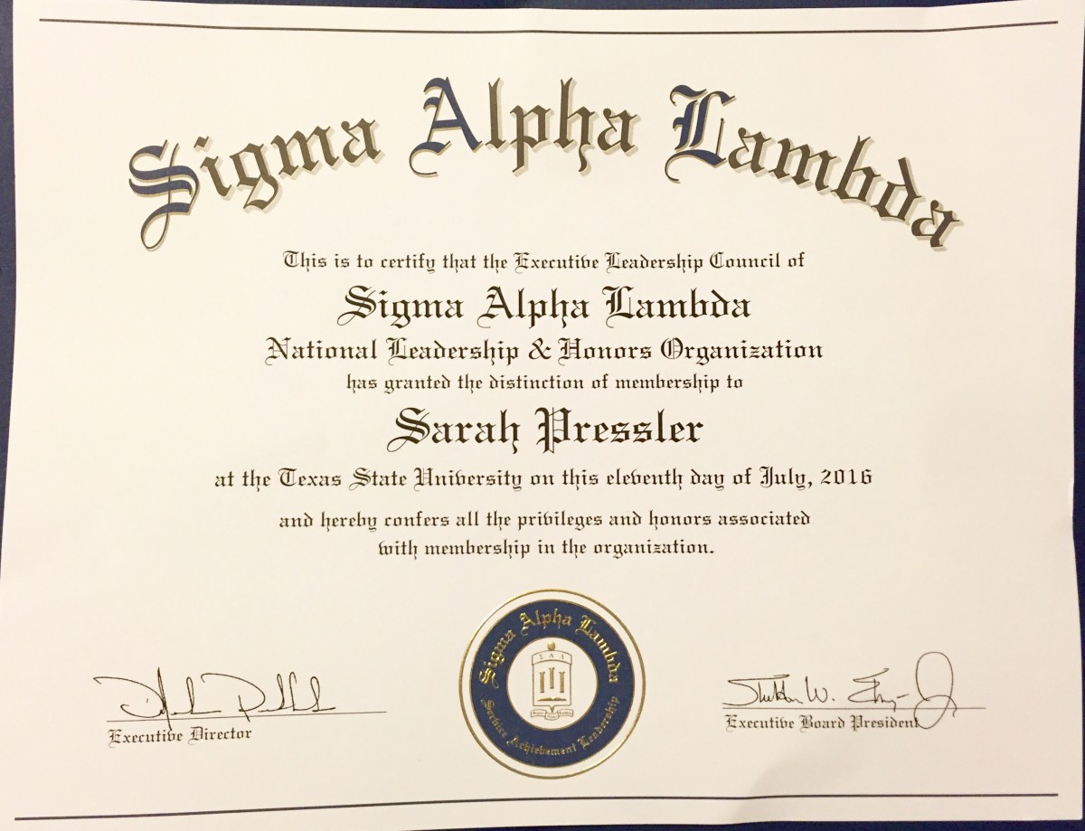 Cert: Sigma Alpha Lambda – Sarah Pressler